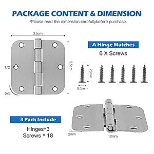 3 Pack Brushed Nickel Door Hinges,3.5 Inch Rounded 5/8" Radius Door Hinges Interior 3 1/2 Inch Door Hinges Bifold Residential Standard Bedroom Indoor Door Hinges for Doors Home