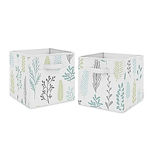 Sweet Jojo Designs Blue Tropical Leaf Foldable Fabric Storage Cube Bins Boxes Organizer Toys Kids Baby Childrens - Set of 2 - for The Turquoise Grey Green Botanical Rainforest Jungle Sloth Collection