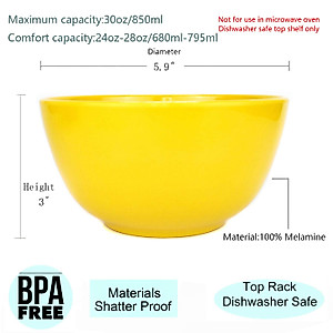 KX-WARE Melamine Bowls set - 28oz 6inch 100% Melamine Cereal/Soup/Salad Bowls, Set of 6 in 6 Assorted Colors | Shatter-Proof and Chip-Resistant Dishwasher Safe, BPA Free