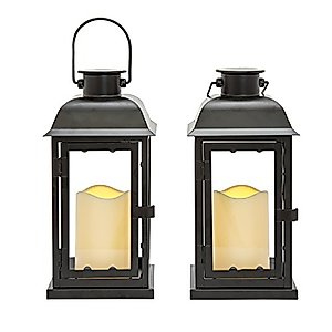 Solar Powered Outdoor Lanterns - 11 Inch Tall, Set of 2, Decorative Candle Lantern for Patio, Waterproof, Black Metal & Glass, LED Pillar Candle, Dusk to Dawn Timer, Batteries Included
