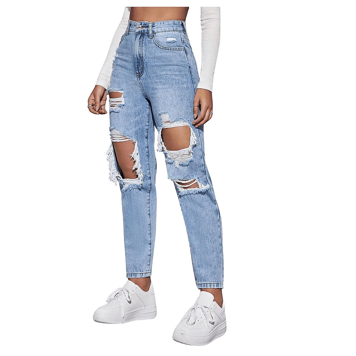 MakeMeChic Women's High Waist Straight Leg Ripped Jeans Distressed Denim Pants Light Wash2 L