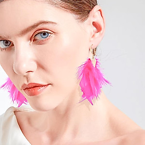 KELMALL Statement Fan Feather Dangling Earrings for Women, Bridal Wedding Party Proms Eye-catching Drop Dangle Earrings- Hot Pink
