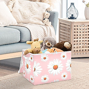 GUIJI Chamomiles Pink Fabric Storage Bins with Lids and Handle，Foldable Storage Bins with Lids，Closet Organizers for Clothes Storage，Room Organization, Office Storage, Chest Organizer