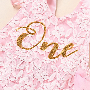 IBTOM CASTLE Baby Girl 1st Birthday Outfit Boho Ruffle Sleeveless Lace Tulle Romper Princess Tutu Dress Backless Infant Bodysuit First Birthday Photoshoot Clothes Pink+Crown 12-18 Months