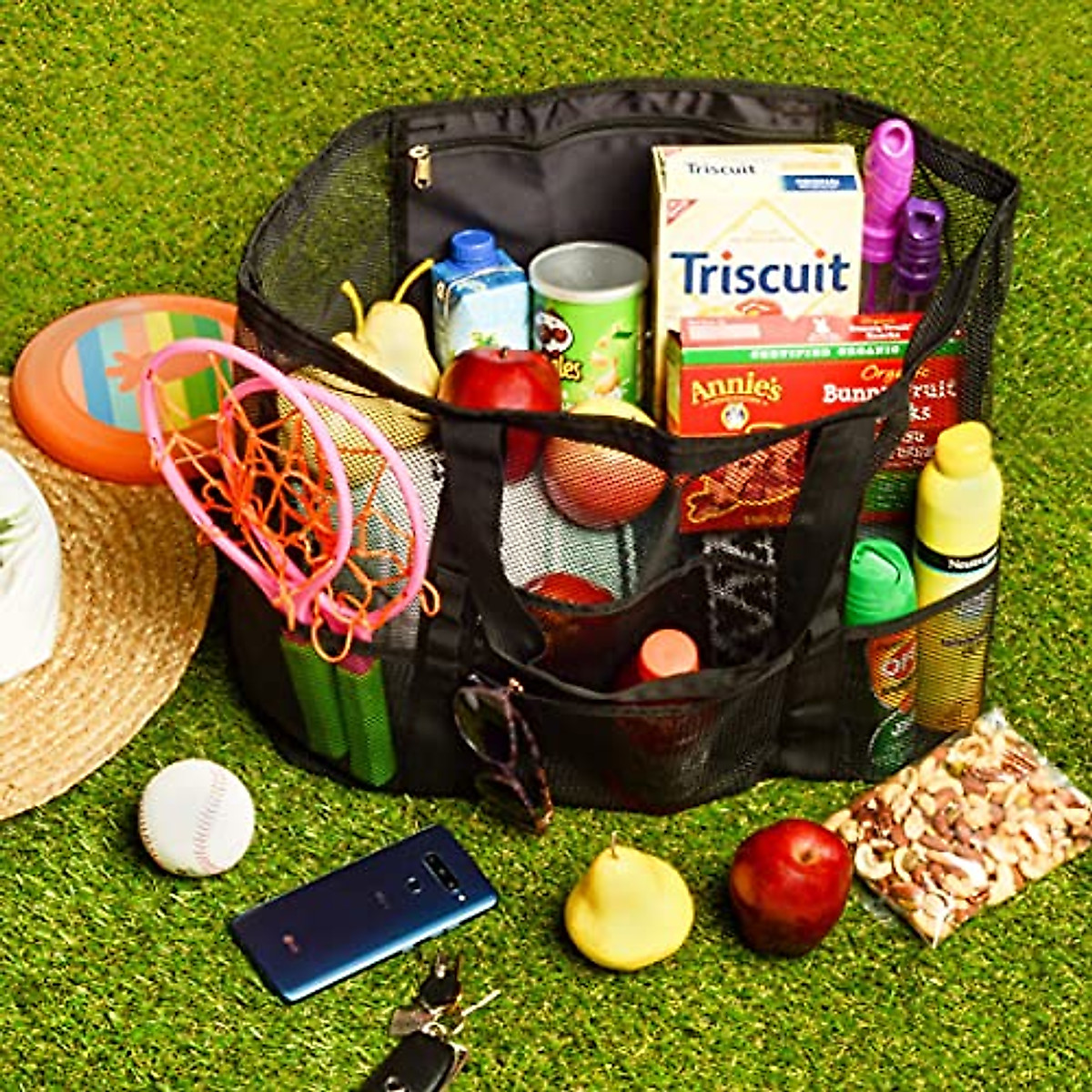 Mesh Beach Tote - Large Vacation & Travel Essentials Black Beach Bag, Foldable & Washable Lightweight Woven Summer Must Haves Swim Tote for Pool, Towels, Clothes, Food, Drinks, Necessities - 24x15x8.5