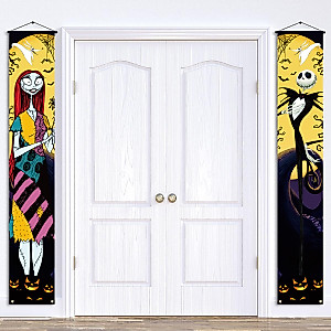 Vohado The Nightmare Before Christmas Porch Banner Jack Skellington Birthday Party Decorations Welcome Halloween Door Sign for Home Outdoor Indoor Holiday Party Decor (Pattern-A)