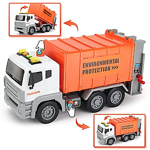 12" Garbage Truck Toys Trash Truck Dump Truck with 4 Garbage Cans, Friction Powered Truck with Sound and Light,Push and Go Pull Back Car for Boys