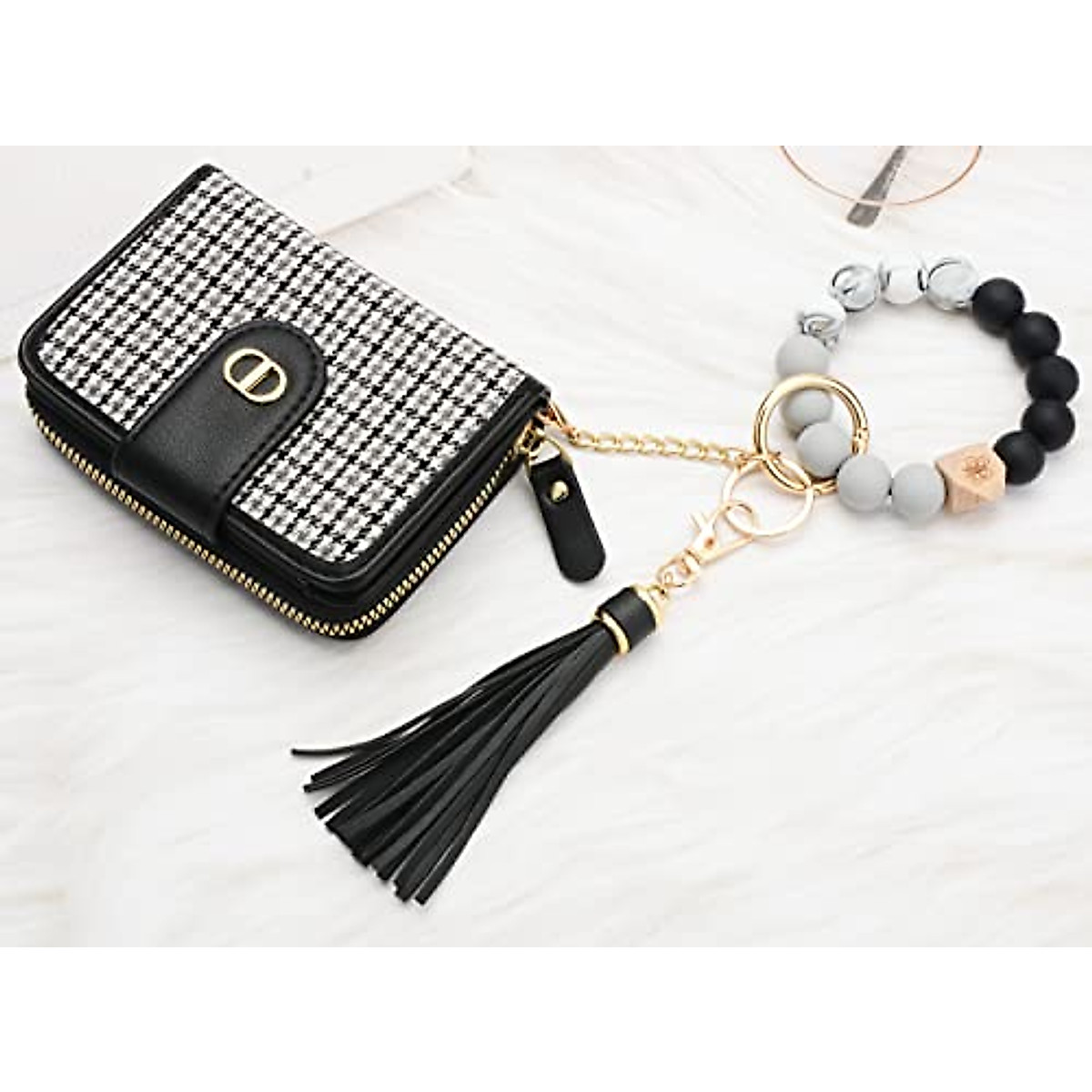 SNUG STAR Multi-Purpose Wallet High Capacity Card Holder Zipper Coin Purse with Wristlet Bracelet Keychain Silicone Beaded Bangle (Silicone Bracelet(16 Cards)-Woven Small Plaid Black)