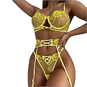 wodceeke Women's Sexy Sling Lace Plus Size Split Lingerie Embroidered Perspective Bodysuit Home Pajamas With Garter (Yellow, M)