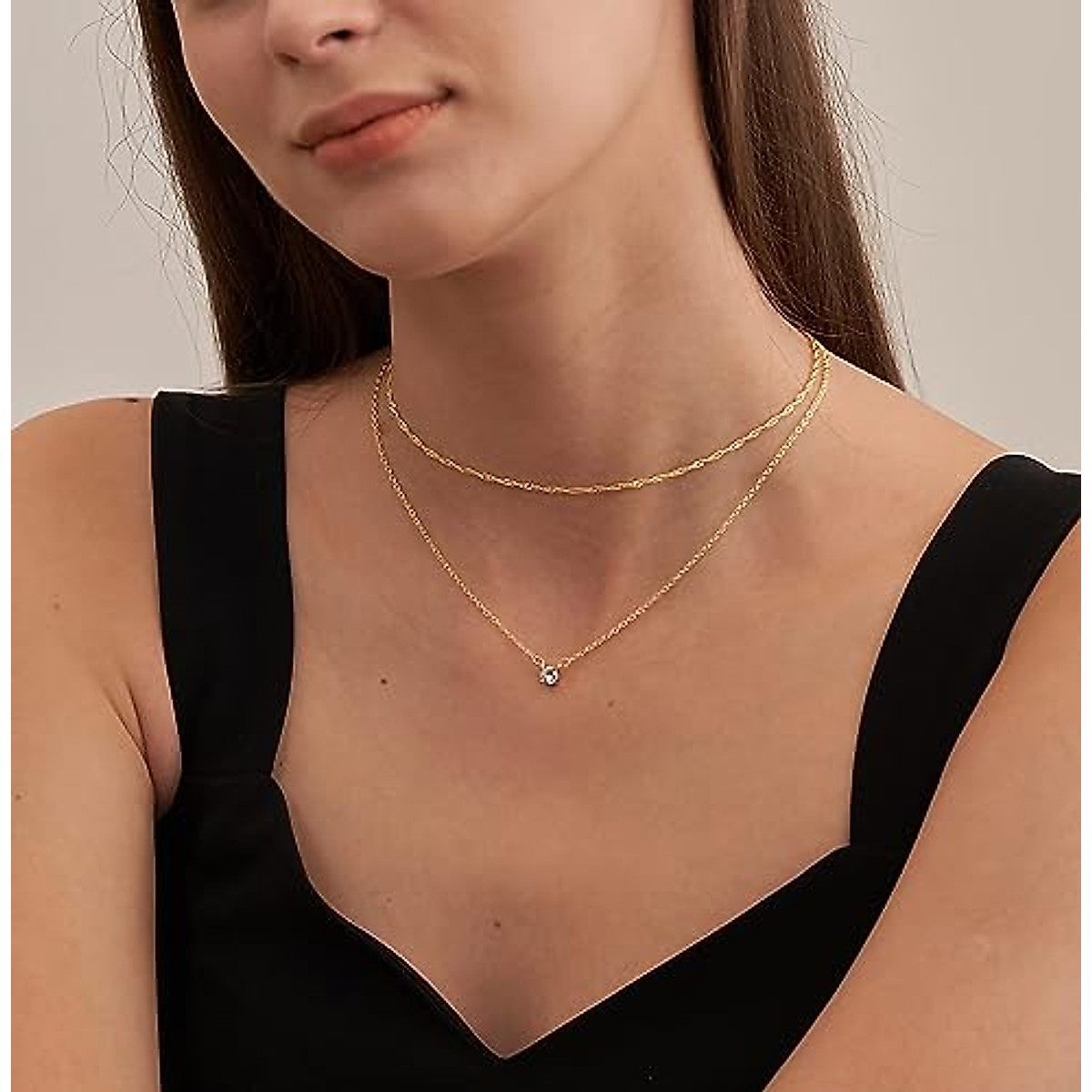 Tewiky Gold Necklace, Dainty Gold Layered Gold Plated Diamond Necklaces Simple CZ Solitaire Pendant Necklace Cute Gold Cubic Zirconia Chain Choker for Women Trendy Girls Gold Jewelry Gift