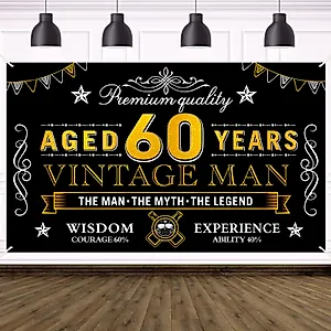 Happy 60th Birthday Banner Decorations for Men, Black Gold Vintage 60 Birthday Sign Party Supplies, Sixty Year Old Birthday Party Background Poster(72.8 x 43.3 Inch)