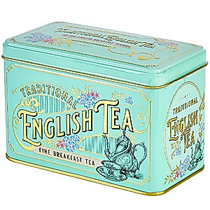New English Teas Vintage Victorian Tea Tin with 40 English Breakfast Tea Bags, Forget Me Not Florals, Black Tea, Ceylon Tea, Mint Green British Tea Caddy
