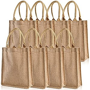 DEAYOU 8 Pack Jute Burlap Tote Bags, Burlap Gift Totes with Handles, Jute Beach Bags Reusable Lined Grocery Totes for Bridesmaid, DIY, Shopping, Pool, Wedding, 9.8''x11.8''x3.9'', Natural