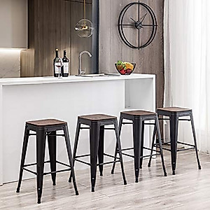 Alunaune 24" Metal Bar Stools Set of 4 Stackable Counter Height Barstools Backless Industrial Kitchen Bar Chairs with Wooden Seat-Matte Black