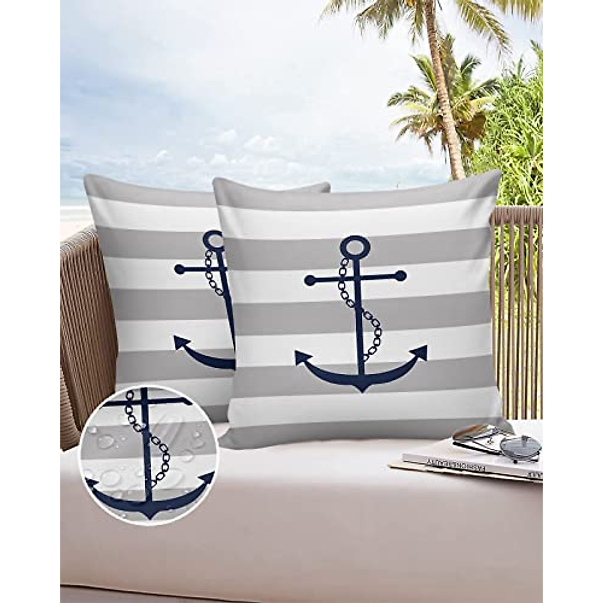 Outdoor Waterproof Throw Pillow Covers 2 Pack Square Pillowcases Grey White Stripes Anchor Pillow Protectors Decorative Cushion Cases for Patio,Garden,20x20 Inch