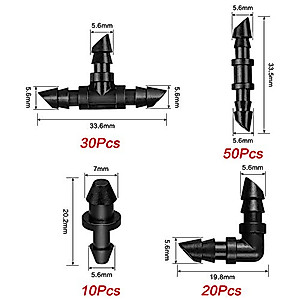 JAYEE Irrigation Fittings Kit for 1/4" Tubing 110 Piece Set - 50 Couplings,30 Tees, 20 Elbows, 10 End Plugs - Barbed Connectors for Drip or Sprinkler Systems