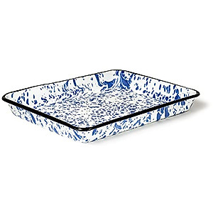 Red Co. 11" x 9" Enamelware Metal Classic 2 Quart Rectangular Serving Tray, Navy Blue Marble/Black Rim - Splatter Design