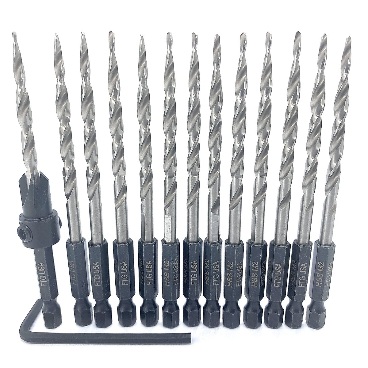 FTG USA Wood Countersink Tapered Drill Bit #8 (11/64") Adjustable Depth Woodworking Taper Point HSS M2 with 12 Pc Replacement Tapered Countersink Bit #8 (11/64"), ¼” Quick Change Shank