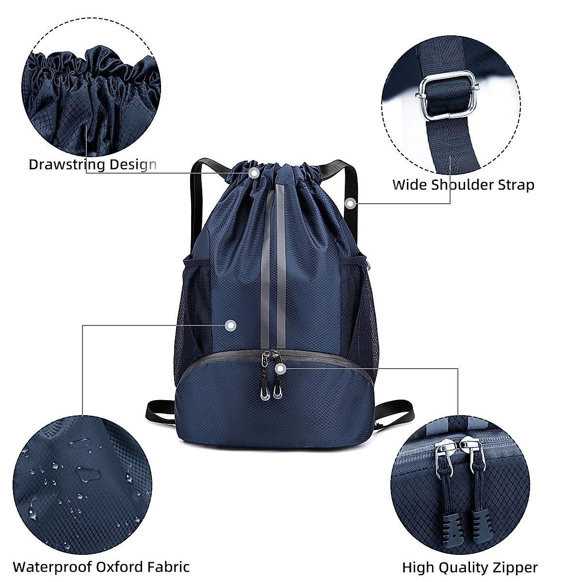 Valleycomfy Sports Drawstring Backpack - Water Resistant String Bag with Side Mesh Pockets Shoe Compartment Gym Backpack for Women & Men Navy Blue