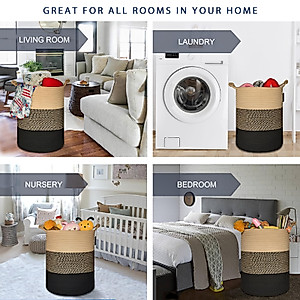 COMSE Extra Large Blanket Basket, High Storage Basket, Tall Rope Laundry Basket, 15.7”x 21.7”, Cotton Rope Basket, XXXL Laundry Basket, Toy Basket, Woven Basket, Clothes Baskets,Brown/Black