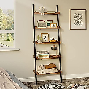 Rolanstar Bookshelf 5-Tier, Open Wall Mount Ladder Bookshelf, 72.8’’H Industrial Etagere Bookcase, Freestanding Bathroom Storage Rack Plant Stand for Living Room, Bedroom, Office, Rustic Brown