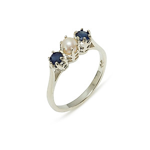 LetsBuyGold 925 Sterling Silver Cultured Pearl & Sapphire Womens Band Ring - Size 7