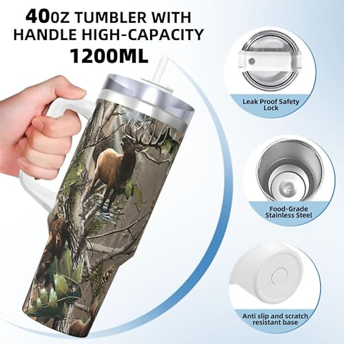 Wildlife Hunting Deer Bear Elk Print Insulated Stainless Steel Coffee Cup 40oz Capacity, Home Office Outdoor