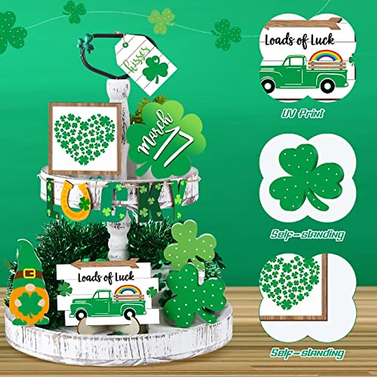 12 Pieces St. Patrick's Day Tiered Tray Decor Wooden Shamrock Decorations Table Wooden Gnome Heart Irish Sign Farmhouse Natural Wood Sign for Home Kitchen Bar Decoration