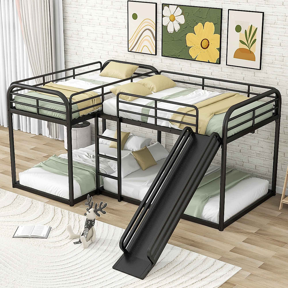 ATY L-Shaped Full and Twin Size Bunk Bed, Metal Bedframe w/Ladder & Slide, for 4 People, Bedroom, Dorm, Guestroom Supplies, Save Space Design, Black
