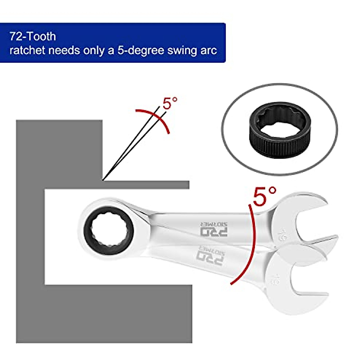 Prostormer Stubby Ratcheting Combination Wrench Set, 10-Piece 8-19mm Metric Chrome Vanadium Steel Ratchet Wrenches with Rolling Pouch, 72-Teeth, 12-Point Box End