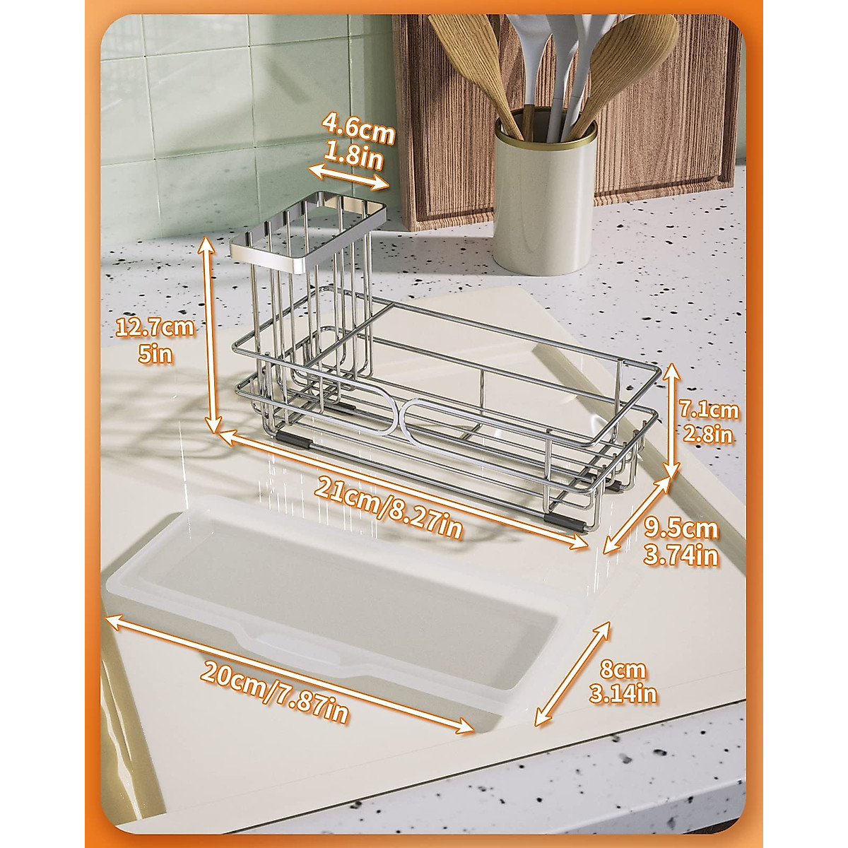 SWTYMIKI Sink Caddy Kitchen Sink Organizer, 304 Stainless Steel Sponge Caddy for Kitchen Sink with Removable Brush Holder Dish Sponge Holder with Drawer Drain Tray for Kitchen Tabletop, Silver