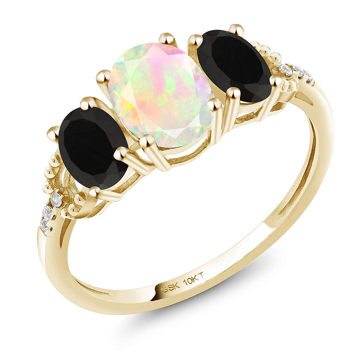 Gem Stone King 10K Yellow Gold Oval White Ethiopian Opal and Black Onyx 3-Stone Engagement Ring For Women (1.30 Cttw, Gemstone Birthstone, Available In Size 5, 6, 7, 8, 9)