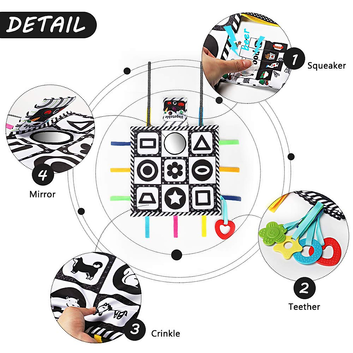 teytoy Tummy Time Floor Mirror, Double High Contrast Play and Pat Activity Mat Black and White Baby Crinkle Toys with Teether, Great Gift for Infants Boys and Girls -Pack of 4