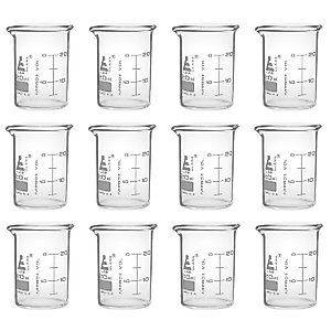 EISCO 12PK Beakers, 20ml - ASTM - Low Form with Spout - Dual Scale, White Graduations - Borosilicate 3.3 Glass