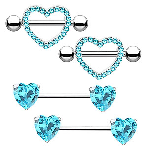 HEKEUOR 14G Surgical Steel Nipple Ring CZ Barbell Heart Shape for Women nippleshield Piercing Body Piercing (Blue (2Pairs))