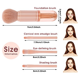 Molain Retractable Makeup Brush, 4 in 1 Portable Travel Lip Brush, Highlight Brush, Eyeshadow Brush, Foundation Blending Powder Brush Mini Facial Cosmetic Makeup Brush Set (Pink)