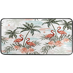MOYYO Kitchen Mat Summer Beach Palm Trees Pink Flamingo Kitchen Rug Mat Anti-Fatigue Comfort Floor Mat Non Slip Oil Stain Resistant Easy to Clean Kitchen Rug Bath Rug Carpet for Indoor Outdoor