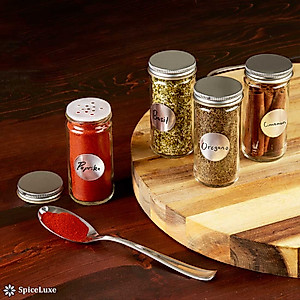 SpiceLuxe 12 Premium Round Glass Spice Bottles, Premium Jars with Silver Metal Lids, Shaker Tops, and Blank Labels
