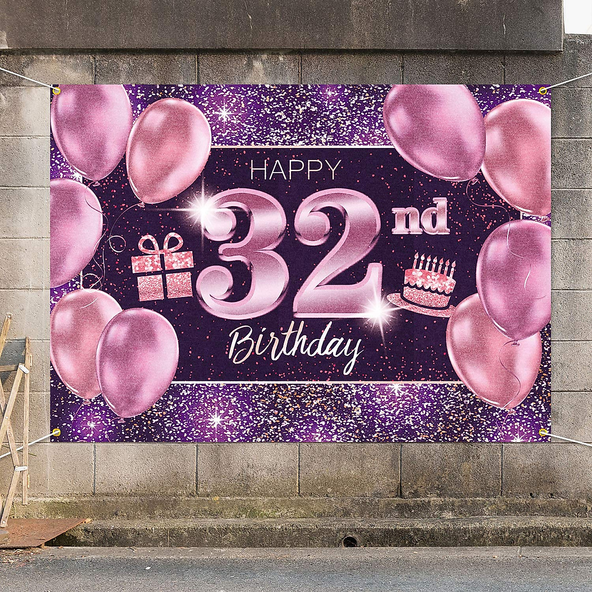 PAKBOOM Happy 32nd Birthday Banner Backdrop - 32 Birthday Party Decorations Supplies for Women - Pink Purple Gold 4 x 6ft