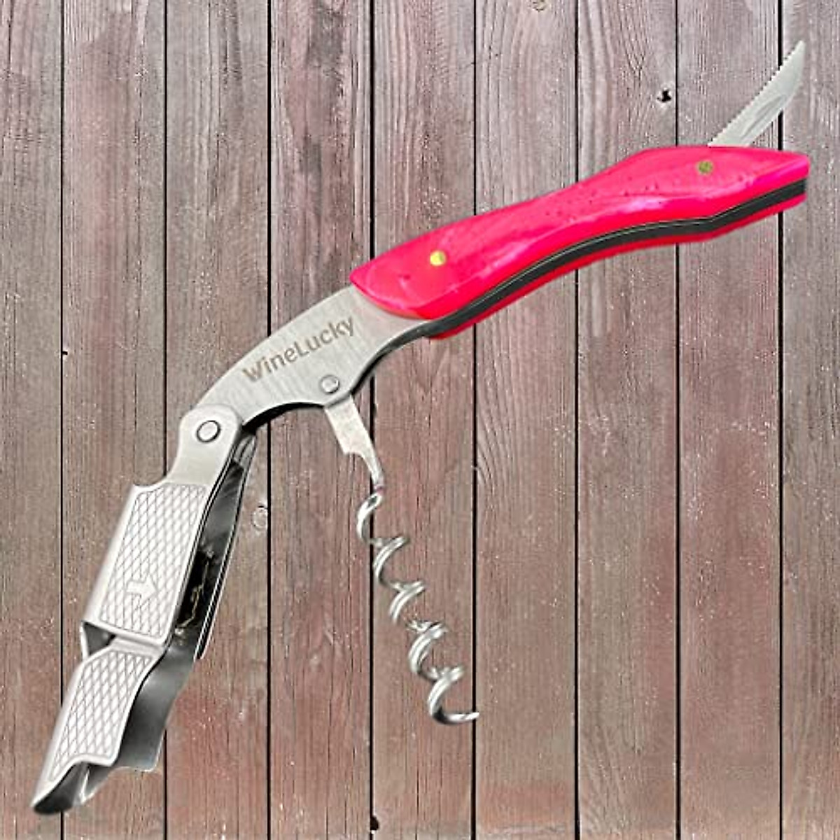 Professional Sommelier Corkscrew Wine Bottle Opener. Manual Hand Opener Used By Waiters & Bartenters. Stainless Steel & Tough Colorful Resin. Built In Beer Opener & Foil Cutter. (Lightning Pink)