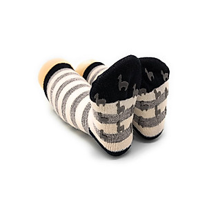WARRIOR ALPACA SOCKS - Children's Baby Alpaca Wool Toddler Socks, Fun Stripes with Non-Skid Alpaca Appliqués 1 PAIR (12-24 Months, Grey Stripe/Black)