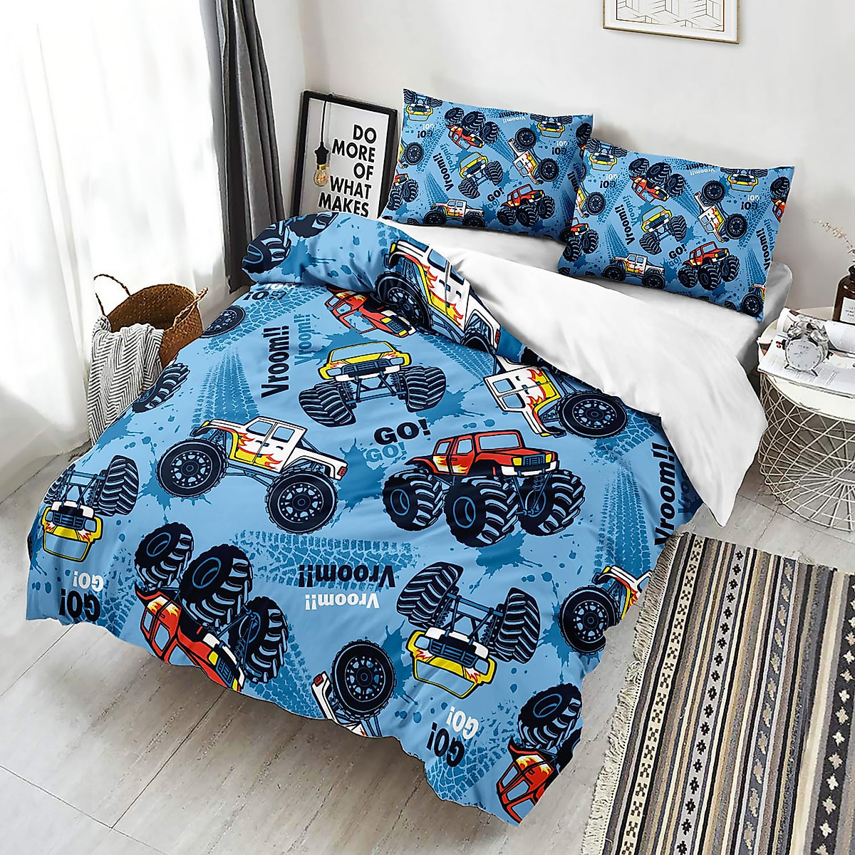 AILONEN Truck Duvet Cover Set for Boys,Blue Graffiti Truck Bedding Set Full Size for Kids Teens for Bedroom Decor,3 Piece Monster Truck Quilt Cover Set,1 Duvet Cover and 2 Pillowcases