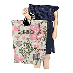 ALAZA Paris Eiffel Tower Rose Floral Heart Laundry Basket Hamper Large Storage Bin with Handles for Gift Baskets, Bedroom, Clothes