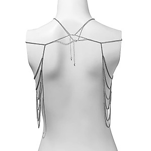 Missgrace Bride Women Rhinestones Shiny Statement Body Chain Jewelry Shawl Silver Dainty Body Jewelry Layered Shoulder Chain Wedding Party Nightclub Body Accessories Jewelry for Women Bride