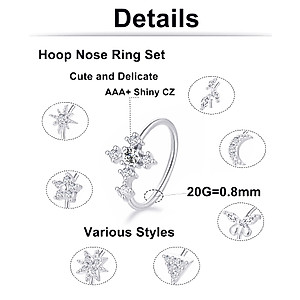 Tornito 8Pcs Nose Ring Hoop Paved Flower Butterfly Star Triangle Moon CZ Cartilage Earrings Nose Piercing Jewelry for Women Men Silver Rose Gold Tone 20G