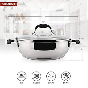 AVACRAFT 18/10 Stainless Steel Everyday Pan with Five-Ply Base, Stir Fry Chef’s Saute Pan with Glass Lid, Multipurpose Stewpot Skillet, Casserole in Pots (11 Inch)