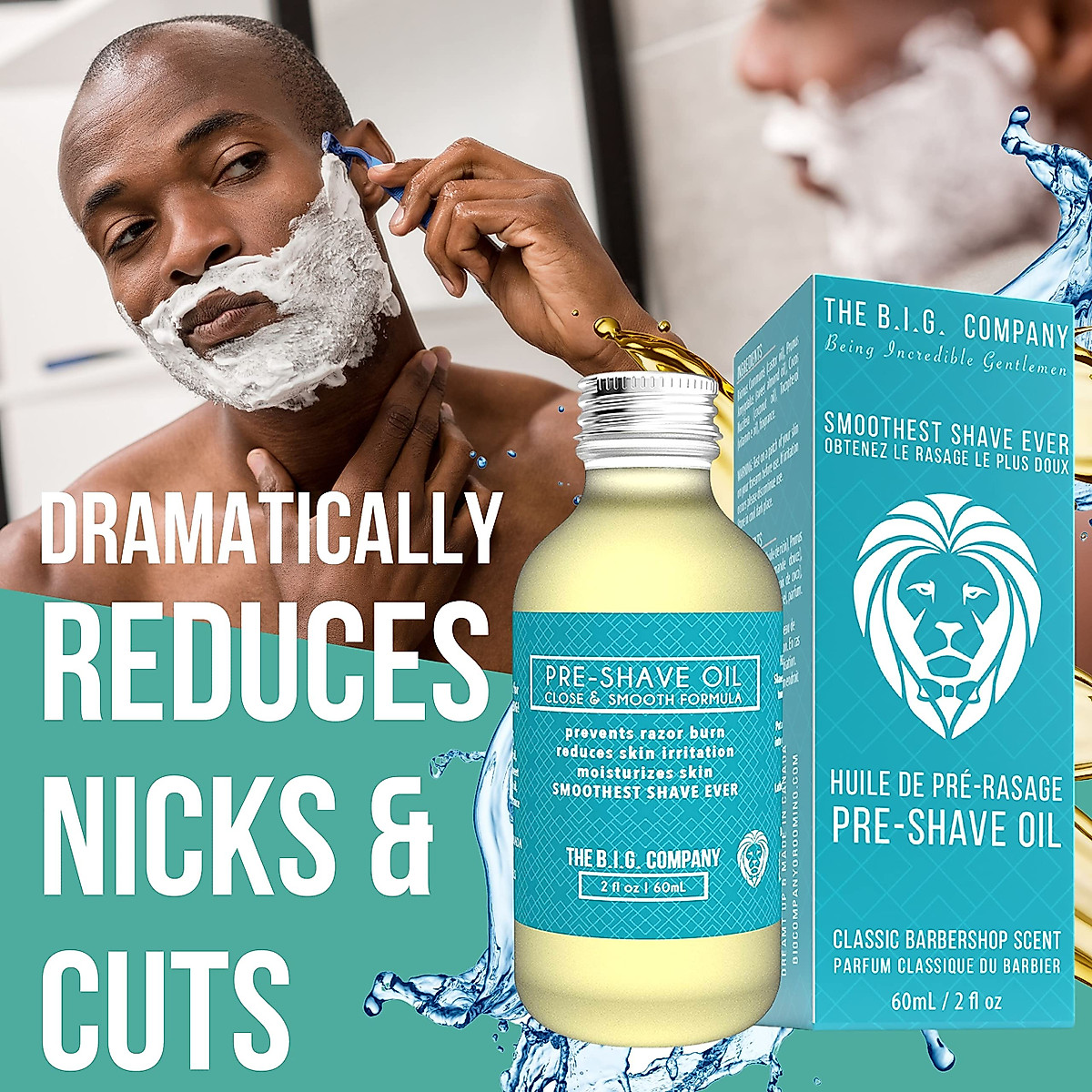 Pre Shave Oil for Men - Shaving Oil Made with Natural Oils - Good for Close Shave and Smooth Shave - Suitable for Sensitive Skin - Use on Face or Head - Classic Barbershop Scent - 60ml