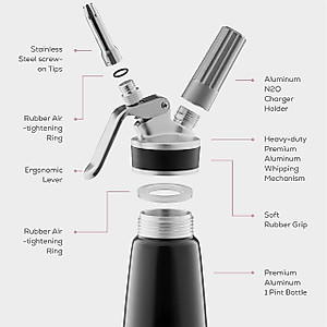 FineDine Professional Whipped-Cream Dispenser - Highly Durable Aluminum Cream Whipper, 3 Various Stainless Culinary Decorating Nozzles and 1 Brush - Canister with Recipe Guide - Homemade Cream Maker
