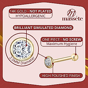 Massete 14k Gold Nose Ring with Simulated Diamond Stud Piercing Body Bezel Set Micro Yellow