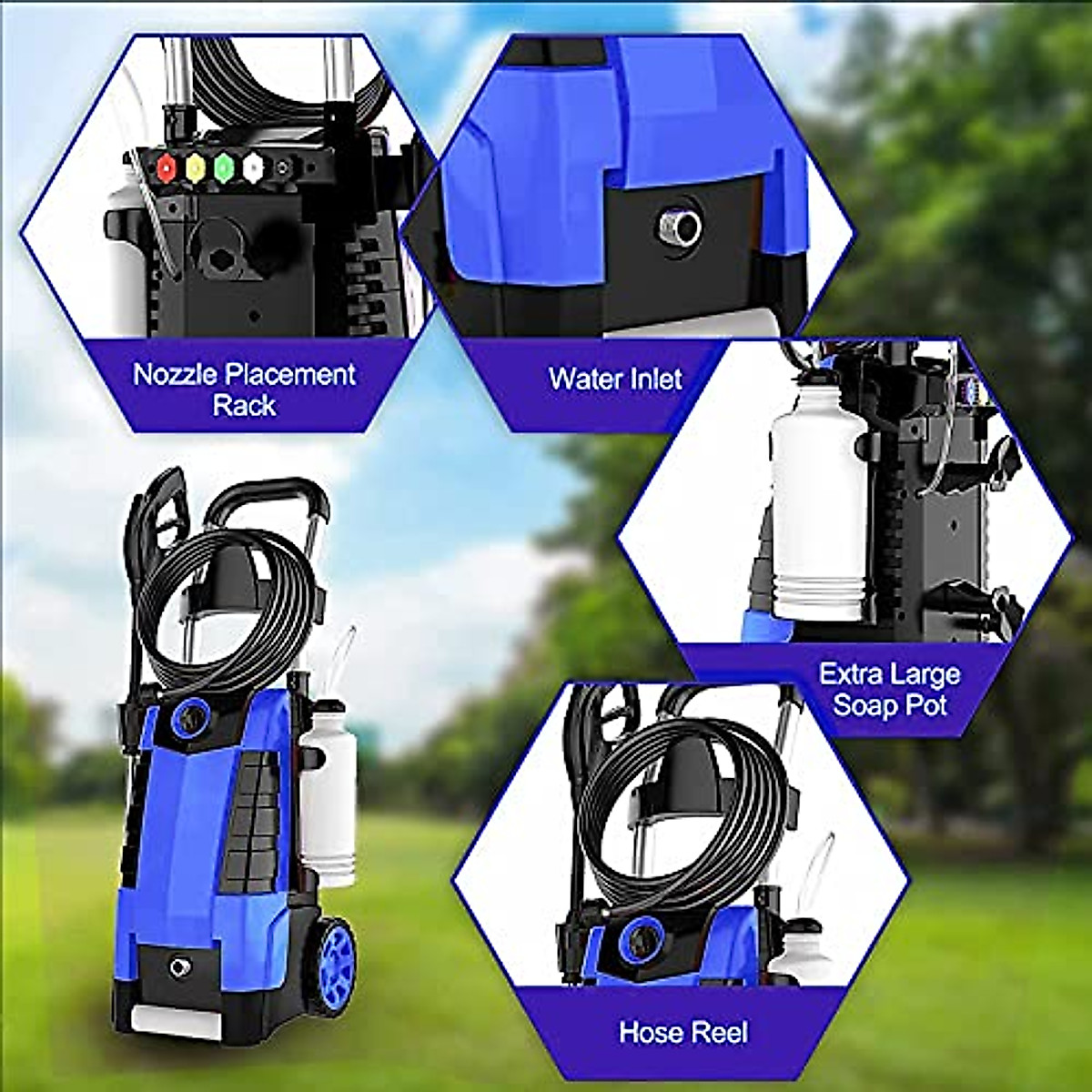 Power Washer, TE3000 1.9GPM Pressure Washer 1800W Electric High Pressure Washer Professional Car Washer Cleaner Machine with Hose Reel ,5 Nozzles for Patio Garden Yard Vehicle